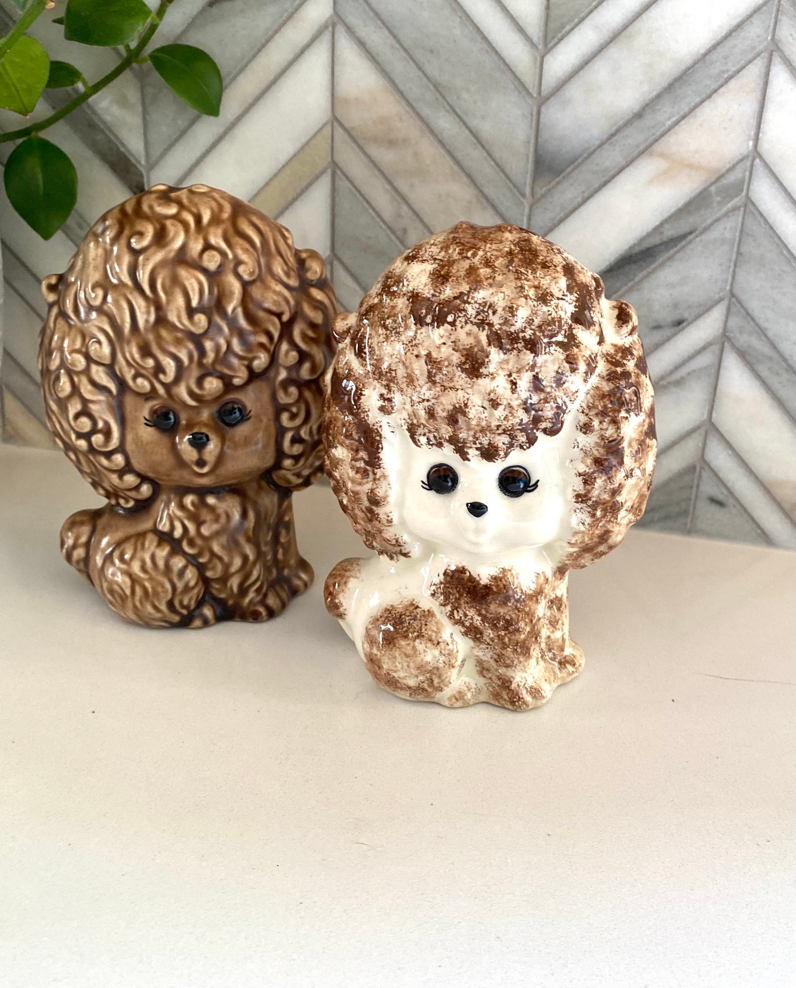 Vintage Ceramic Poodle Figurines Big Eyes Brown White Beige - Etsy