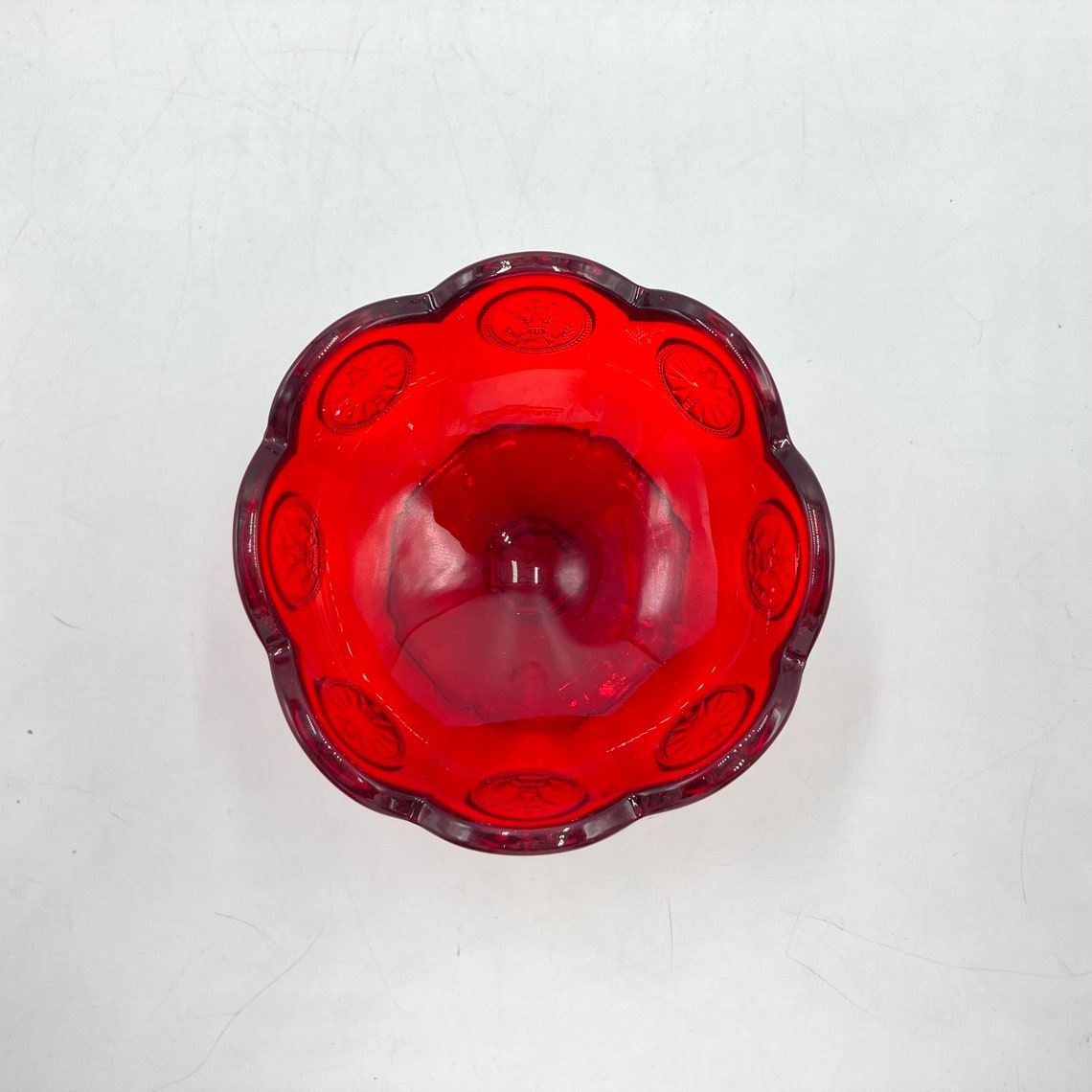 Vintage Fostoria Glass Ruby Red Coin Pedestal Bowl, Dots, Eagles, Coins ...