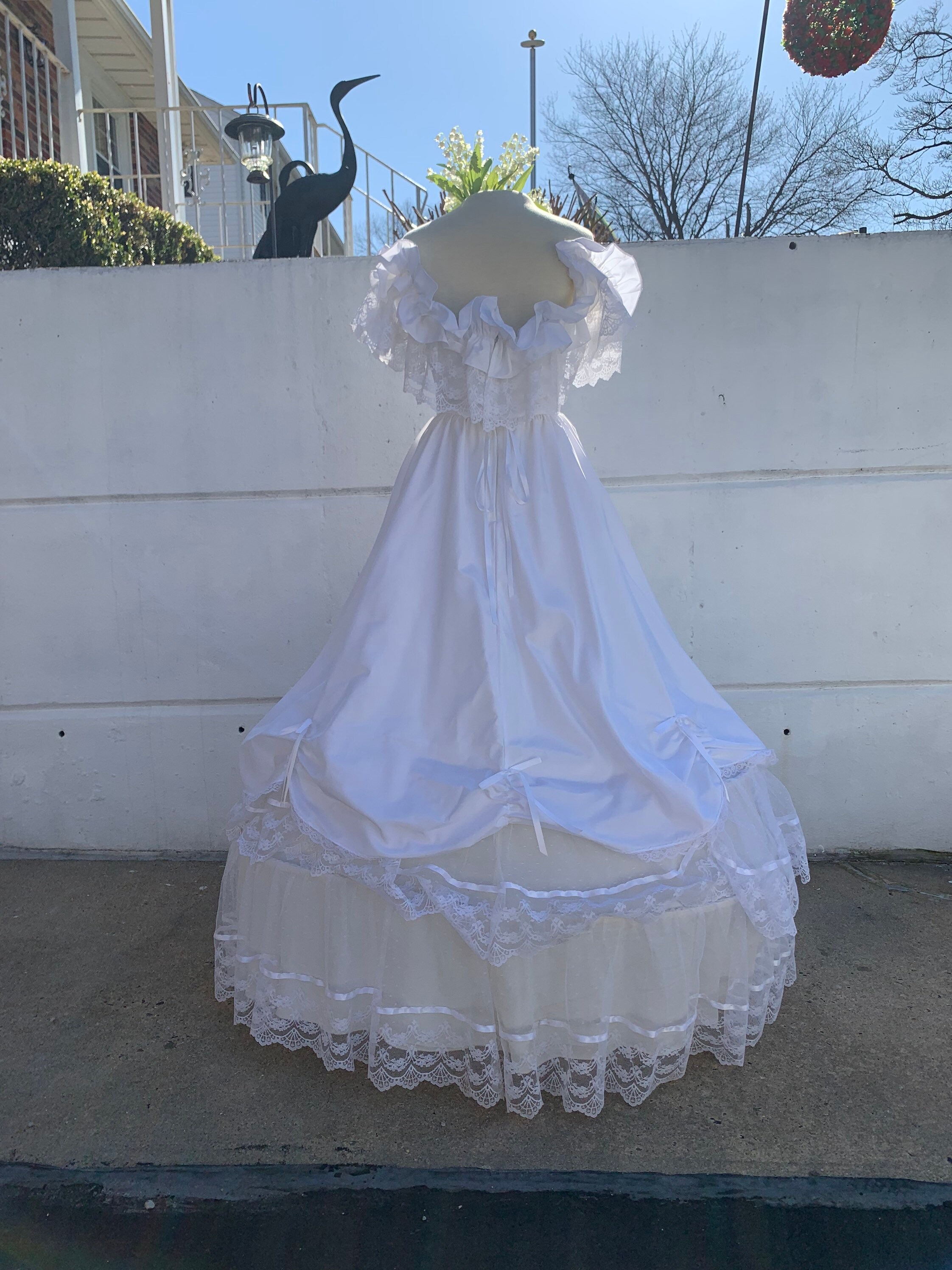 70s Vintage White Hoop Skirt Wedding Gown With Lace Tiers and Ruffled ...