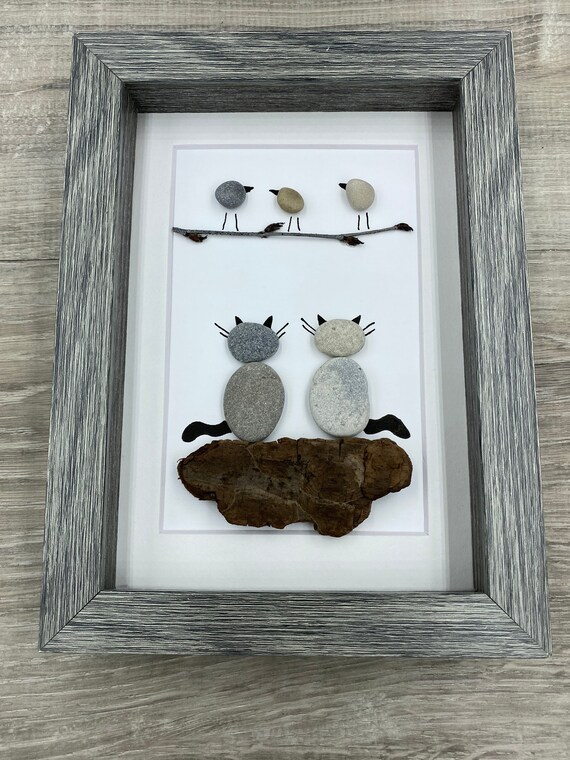 Pebble Art Cats 5 by 7 frame cat pebble art | Etsy