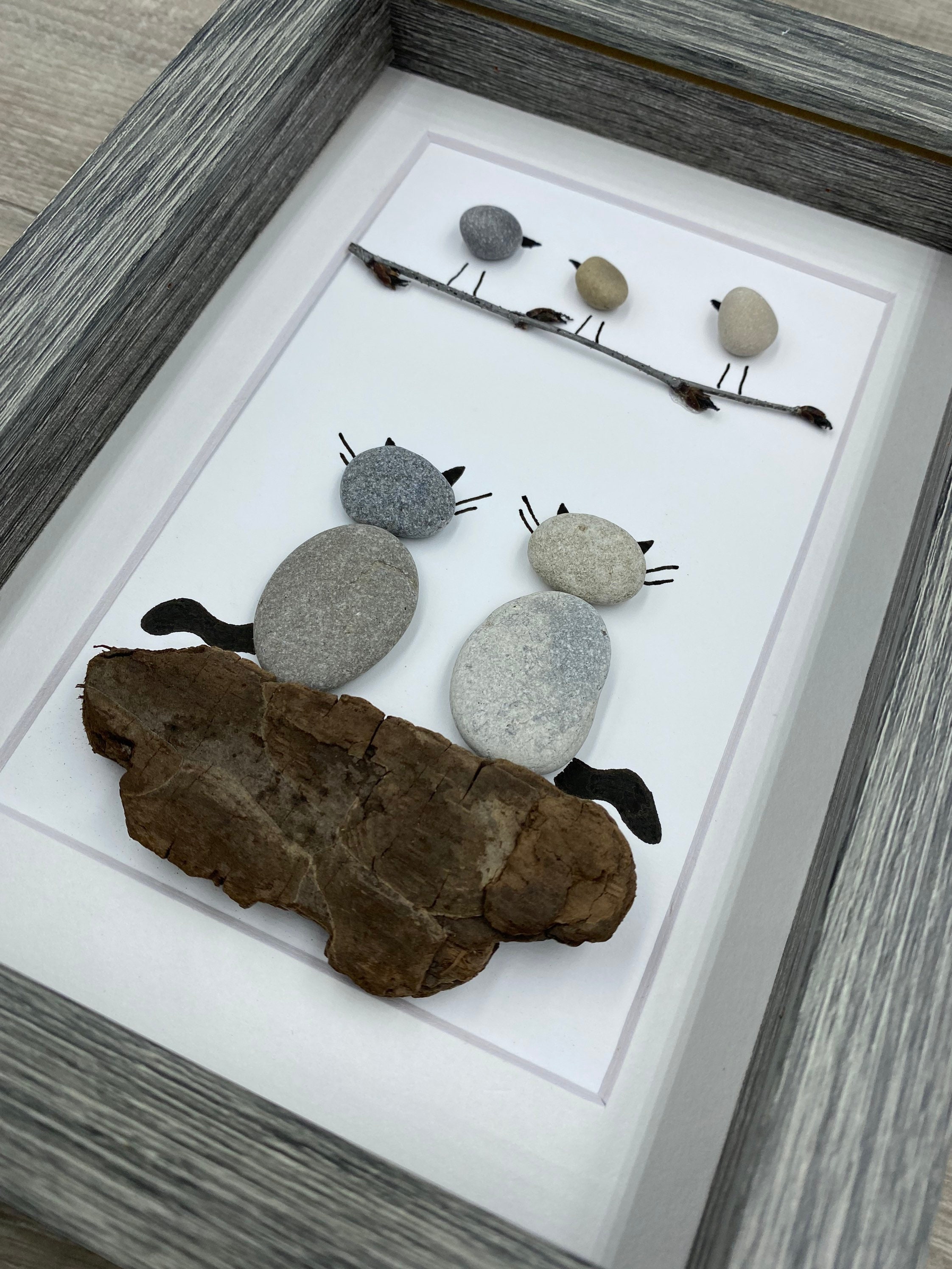 Pebble Art Cats 5 by 7 frame cat pebble art | Etsy
