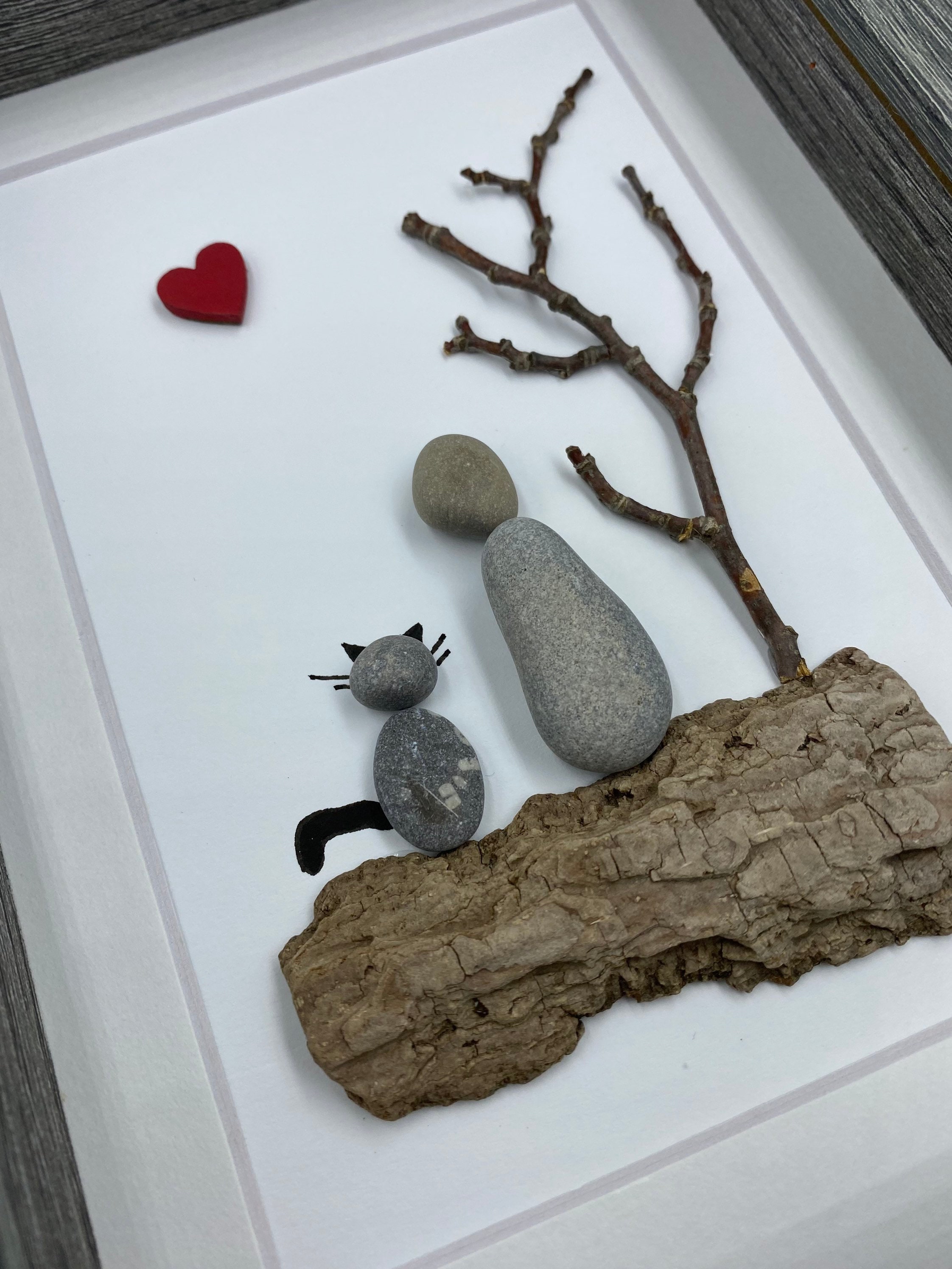 Pebble Art Single with cat 5 by 7 framed cat pebble art | Etsy