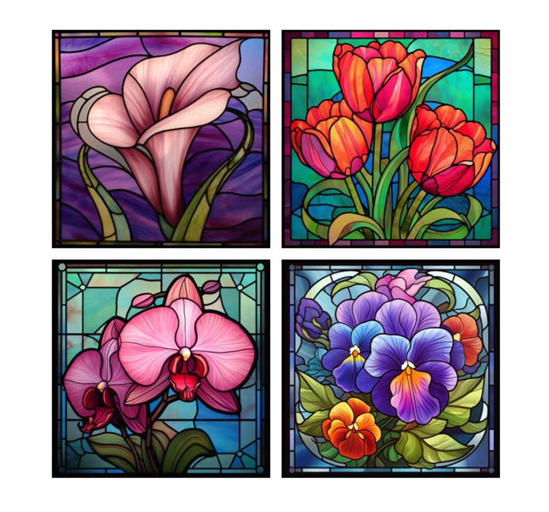 Floral Coasters, Floral Coaster Set, Floral Coaster Gift, Faux Stained ...