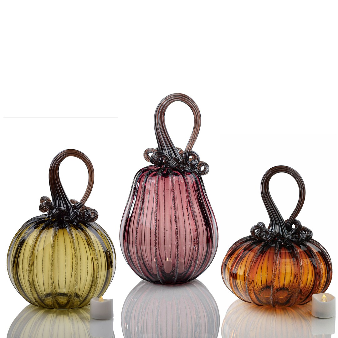 Roasted Seeds Mixed Colors Handblown Glass Pumpkin With Tealight Glass ...