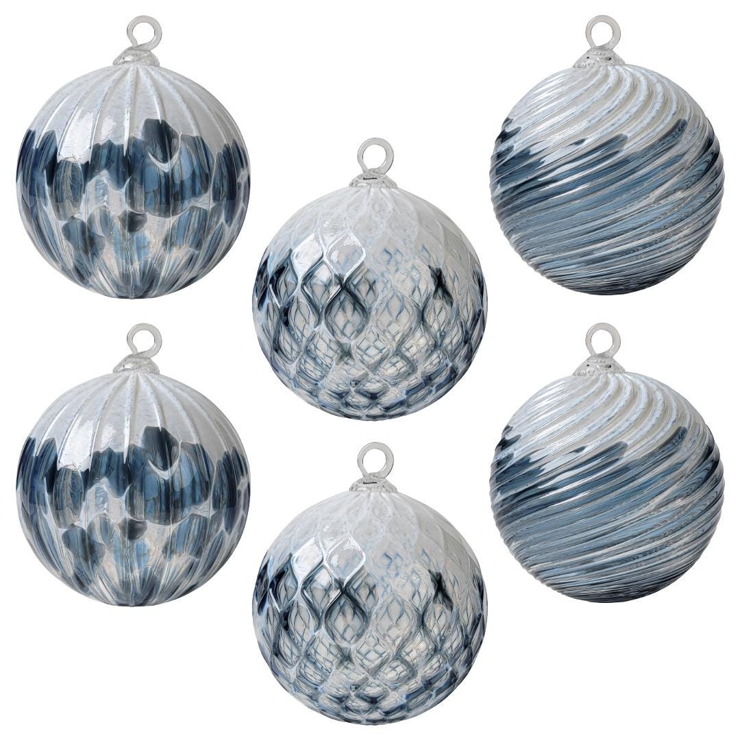 Slate Blue Flurry | Blue & White | Set of 6 | Handblown Glass Ornament ...