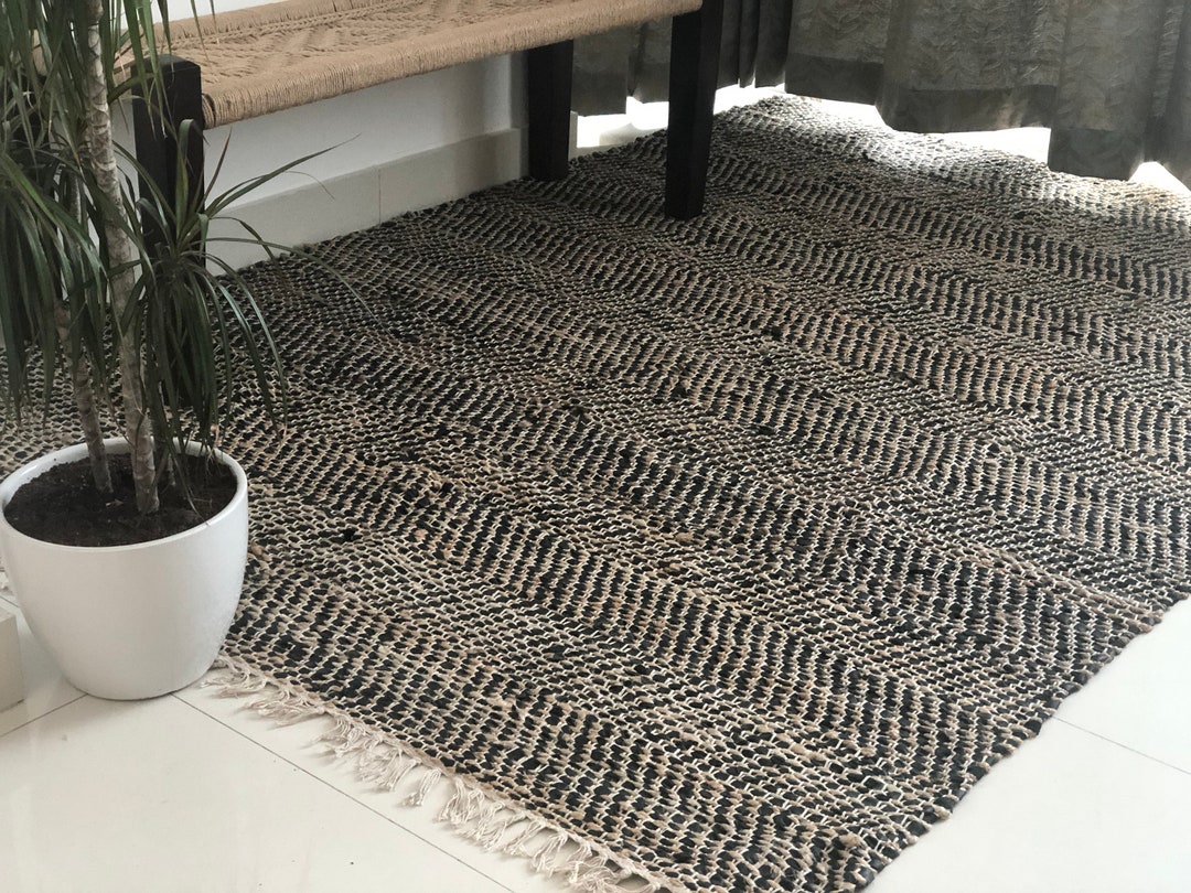 Black Pattern Rug for Living Room, Recycle Jute Leather Rug, Black ...