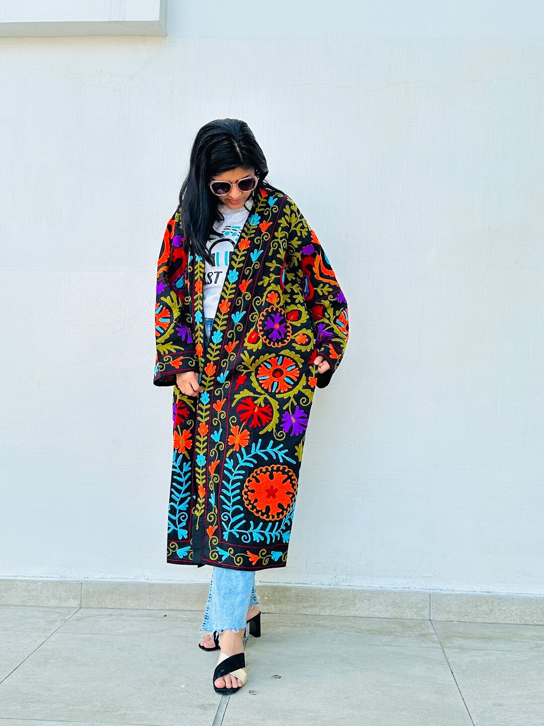 Black Embroidered Kimono Jacket, Long Boho Coats, Party Wear Kimono ...