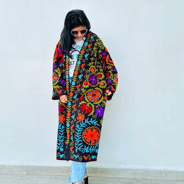 Women Long Embroidered Black Jacket - Etsy