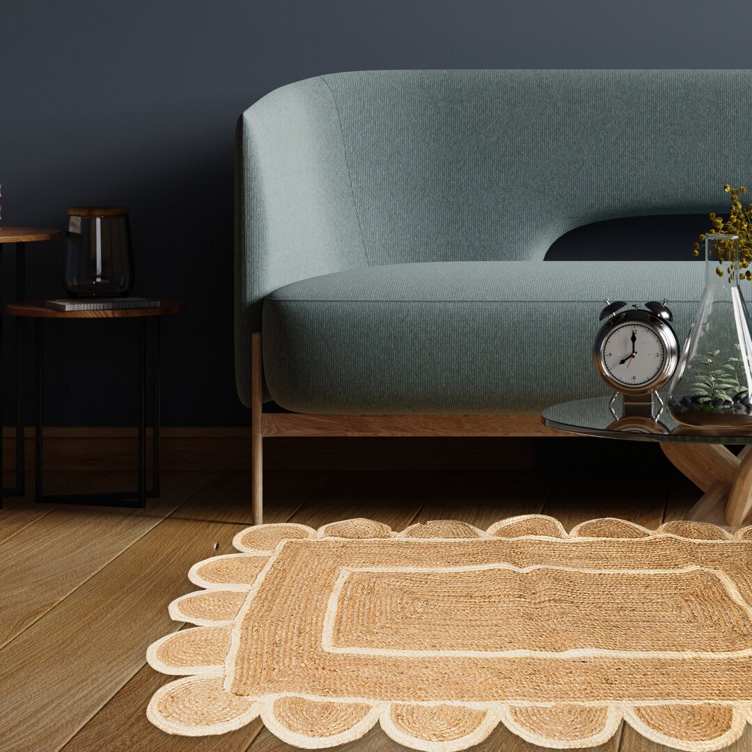 Jute Scallop Border Rug/farmhouse 4x6 Natural Rug/living Room - Etsy