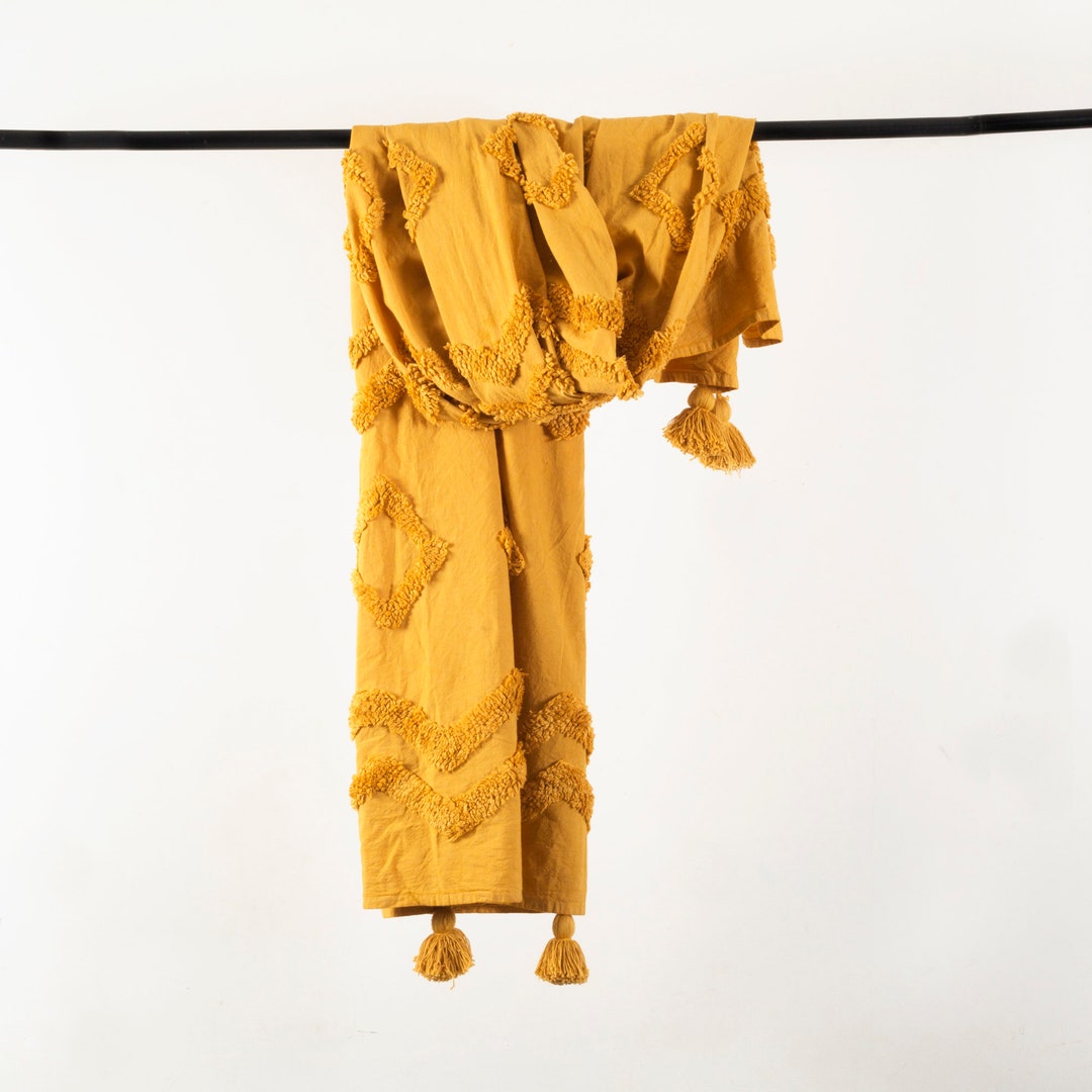 Mustard Tufted Cotton Throw Blanket: Boho Bed Decor - Etsy