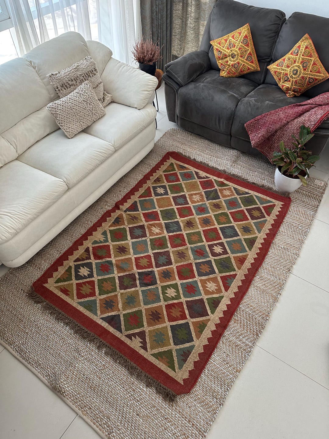Living Room Kilim Rug 4x6: Wool Jute Bohemian Rug - Etsy