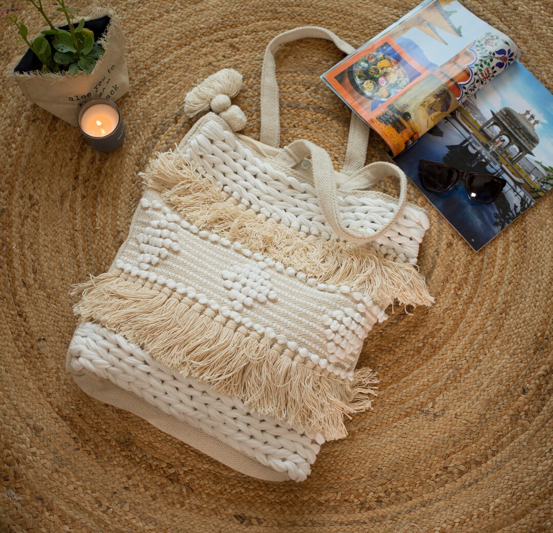 Macramé Bag, Two Tone Boho Chic Shoulder Bag, Farmers Market Tote Bag ...