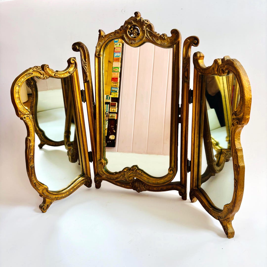 Antique Atsonea Triptych Mirror: 1930s Art Deco Gold Gilt, Made in ...