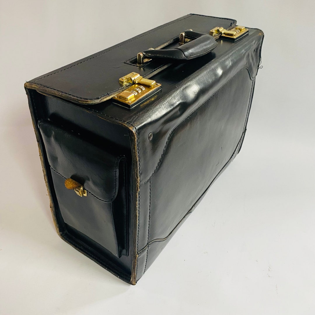 Vintage German FRANZEN 1970s Midnight Leather PILOT Briefcase Brass ...