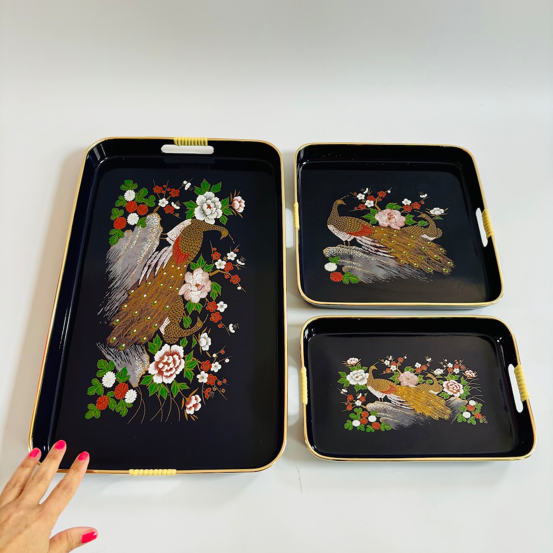 Vintage Mid Century Modern 1950s Lacquerware Japanese Nesting Trays Tulsa Tray Set of Three With ...