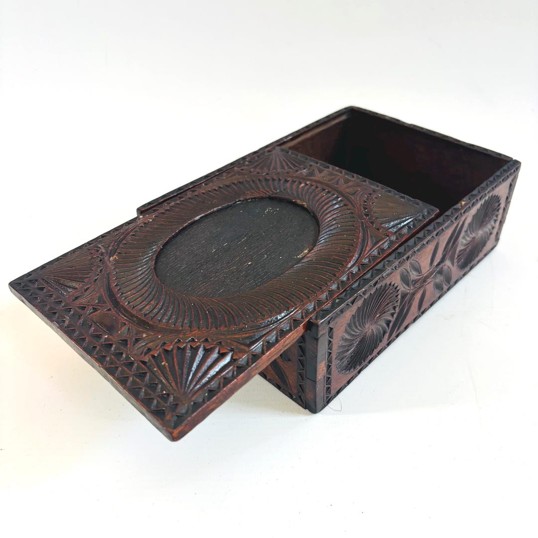 Antique Edwardian Elm Trinket Box: Chip Carved Design, Picture Insert ...