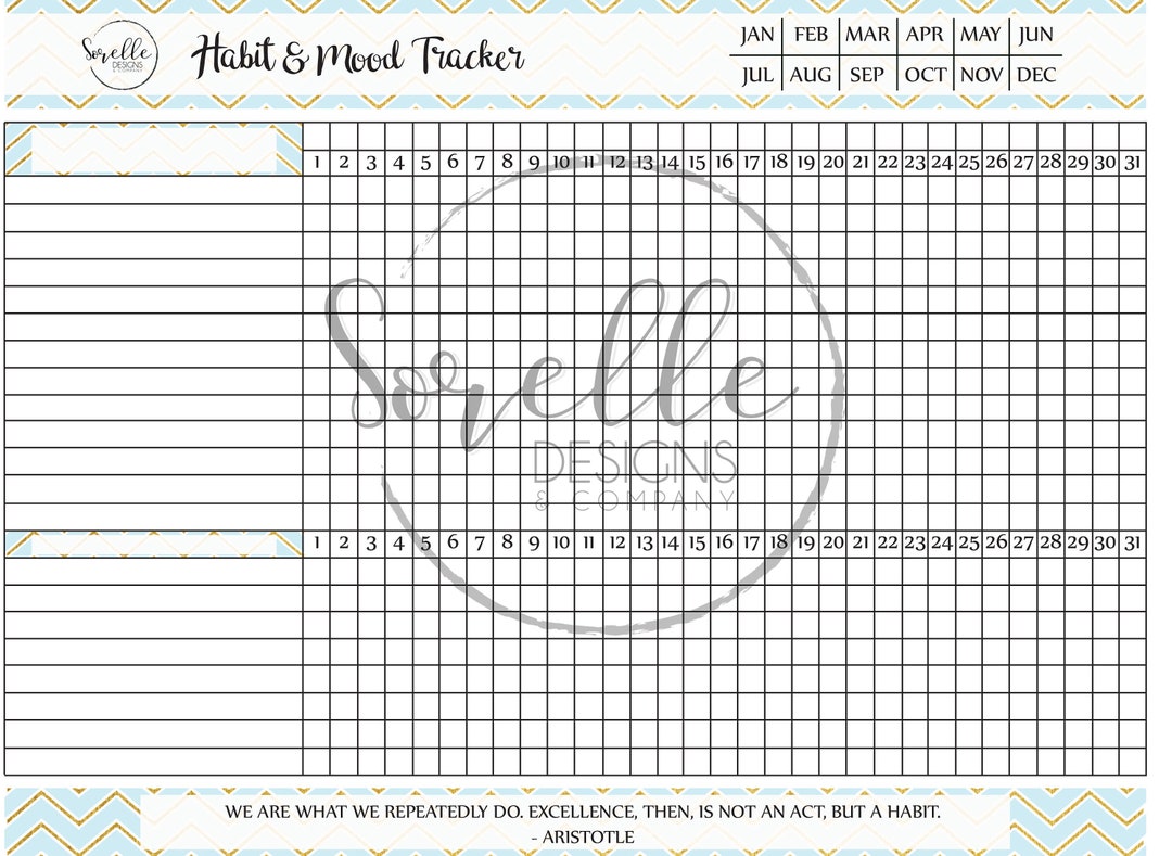 Habit Tracker, Mood Tracker, *INSTANT DOWNLOAD*, Sky Blue and Gold ...