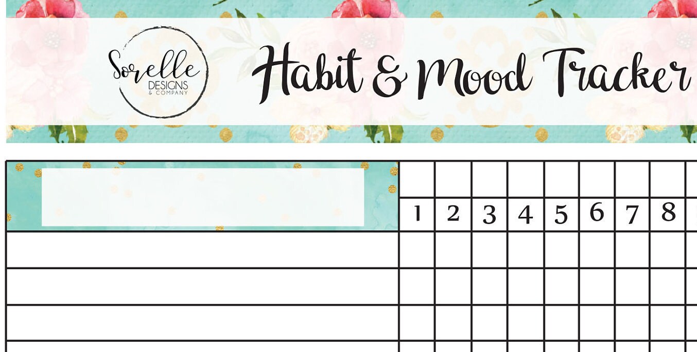 Habit Tracker, Mood Tracker, *INSTANT DOWNLOAD*, Blue and Gold Floral ...