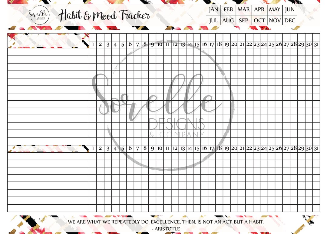 Habit Tracker, Mood Tracker, *INSTANT DOWNLOAD*, Pink and Gold Abstract ...