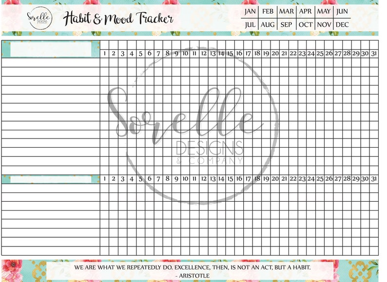 Habit Tracker, Mood Tracker, *INSTANT DOWNLOAD*, Blue and Gold Floral ...