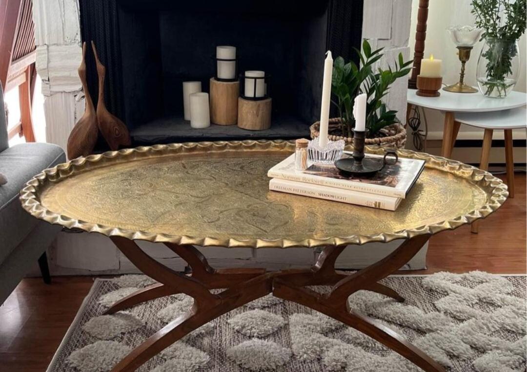 MID CENTURY MOROCCAN Solid Brass Oval Tray Table With Teak Folding ...