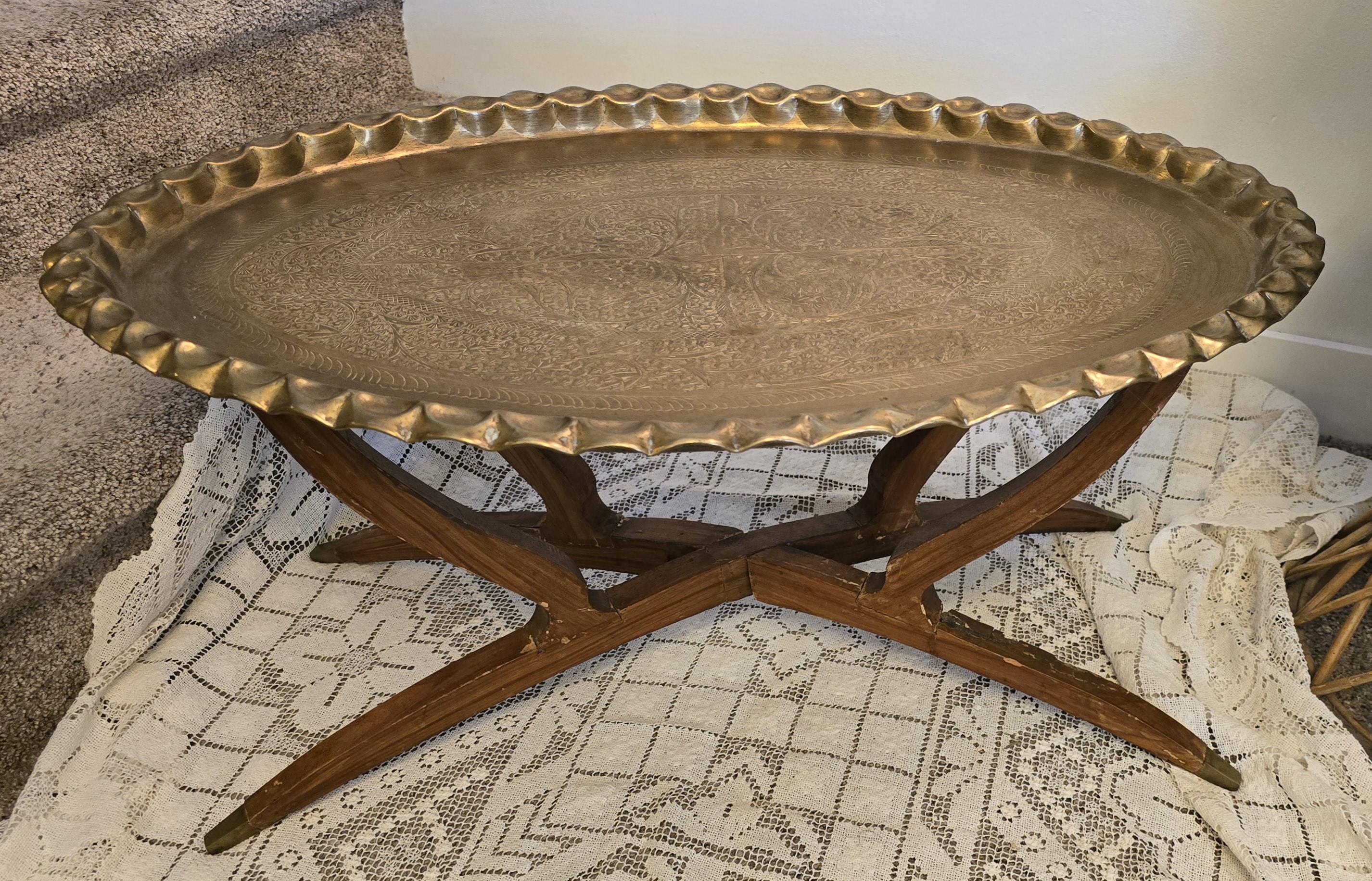 MID CENTURY MOROCCAN Brass Top Tray Table W/ Folding Teak Spider Legs ...