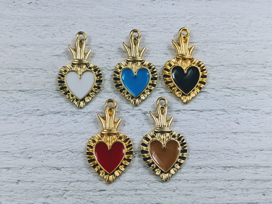 Small Gold Plated and Enamel Sacred Heart Charms, 2pcs. Religious ...