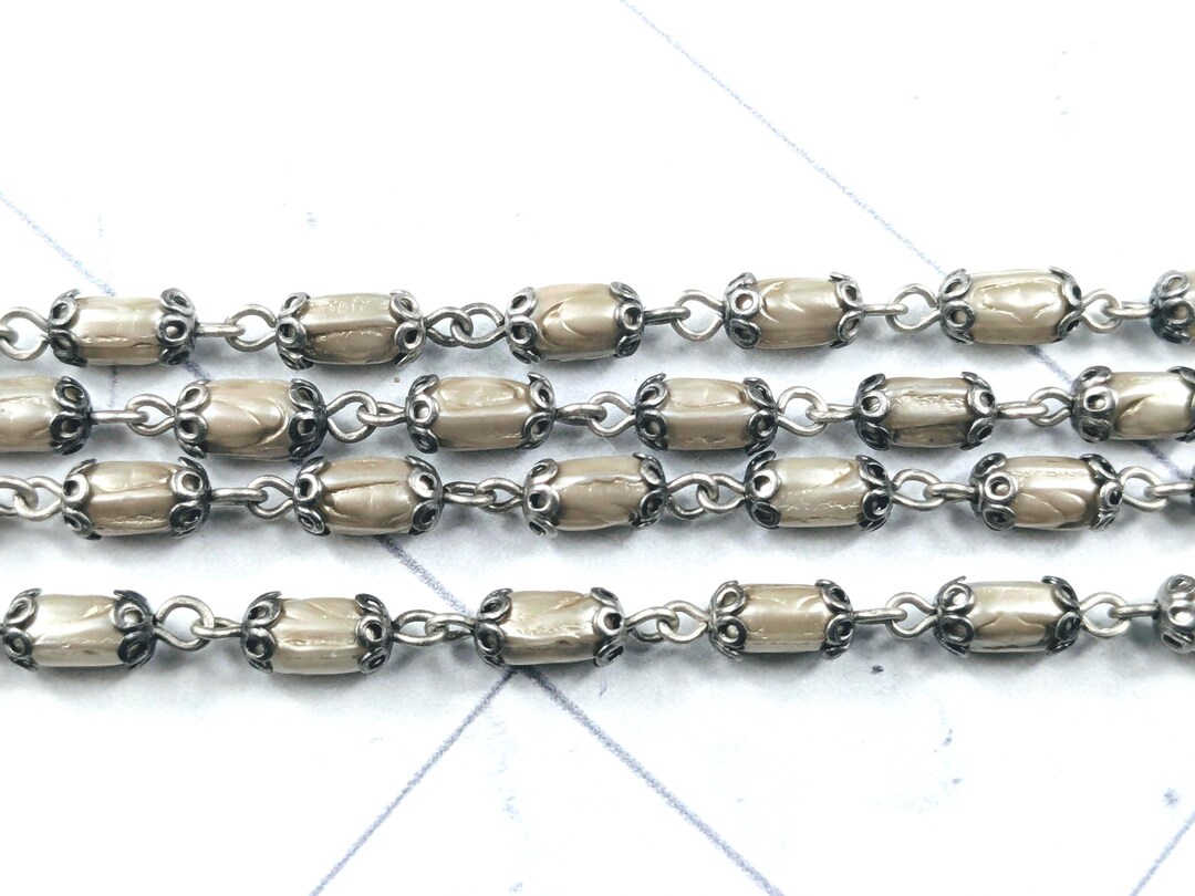 Czech Glass Satin Taupe Pearl and Antique Silver Capped Rice Chain ...