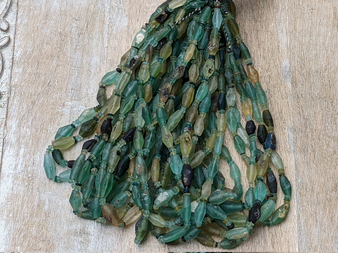 Beautiful Ancient Roman Glass Faceted Tube Nugget Beads, Greens ...