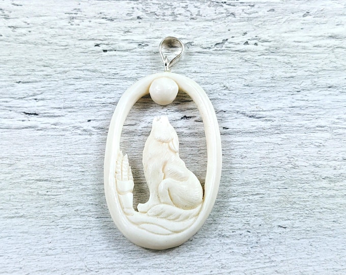 Hand Carved Buffalo Bone Howling Wolf at Moon Pendant, 1pc. Cutout ...