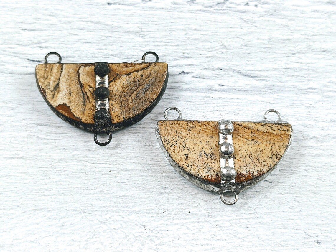Hand Soldered Half Moon Crescent Picture Jasper Gemstone Connector ...