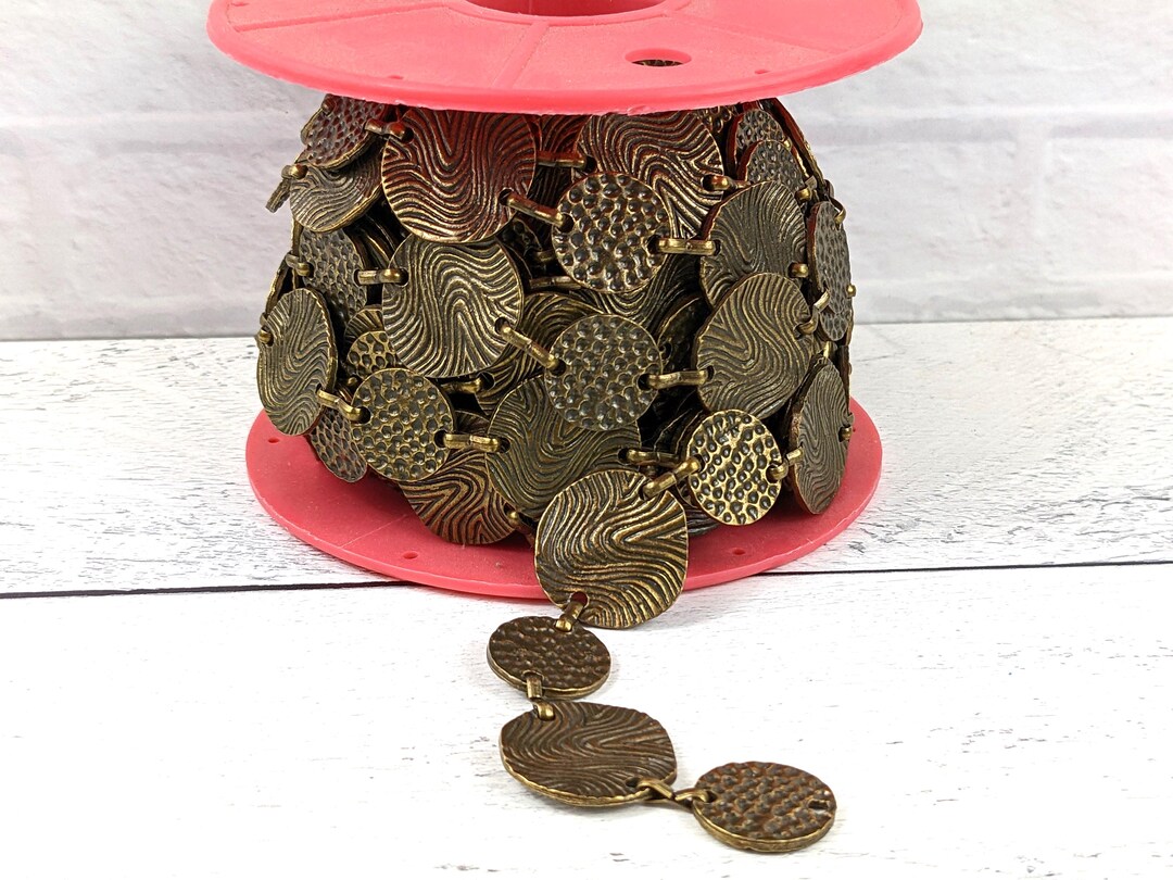 Antique Brass Textured Ornate Disc Link Chain, Dotted and Striped ...