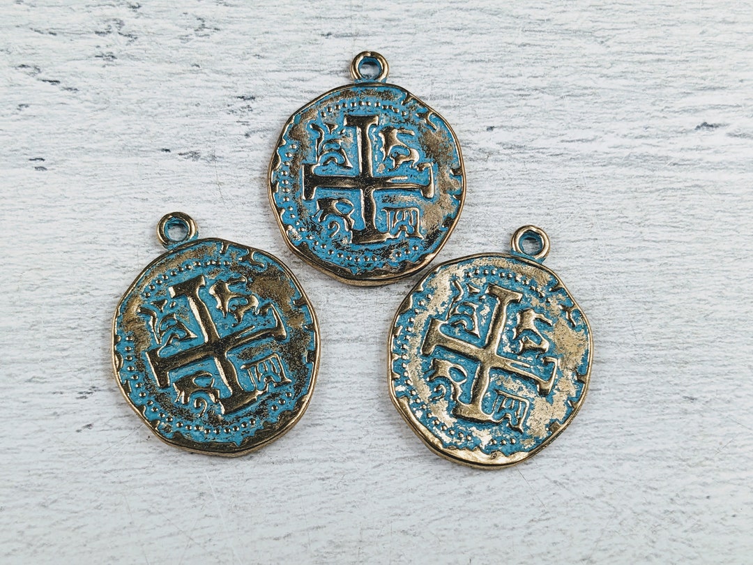 Antique Brass Blue Patina Roman Coin Cross Double Sided Charm ...