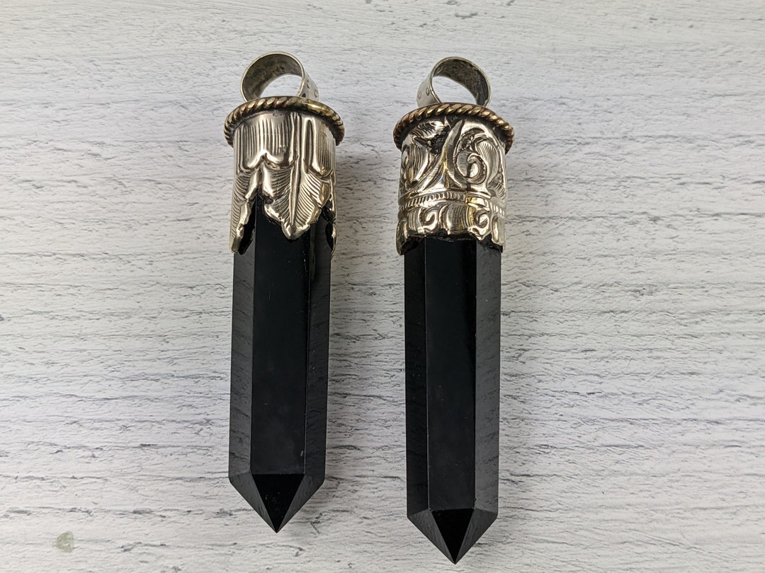 Tibetan Silver and Black Obsidian Gemstone Point Pendants, Tower, 1pc ...