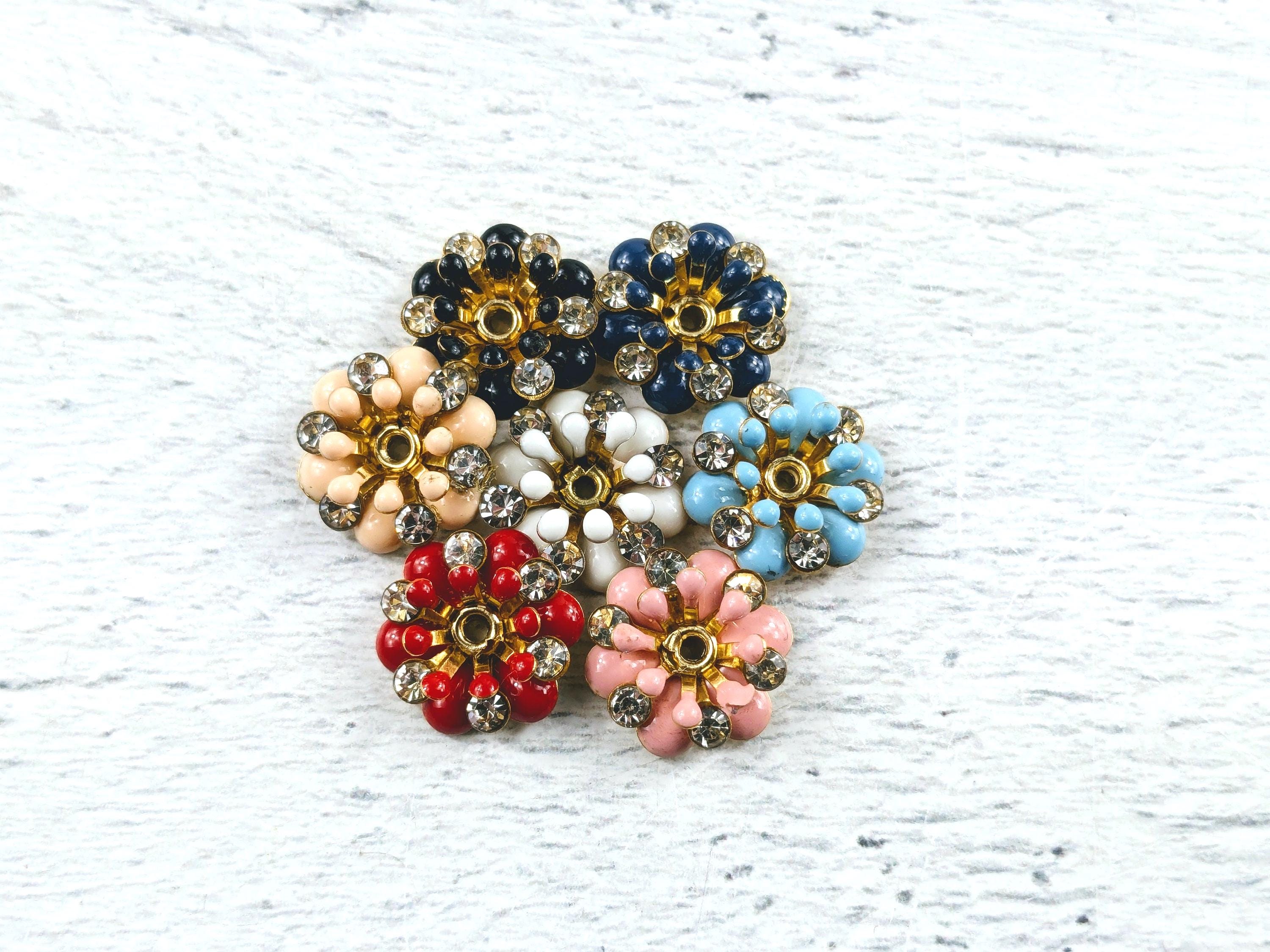 12mm Enamel Flower Bead Caps With Rhinestones, Floral, 5pcs. Gold, Pink ...