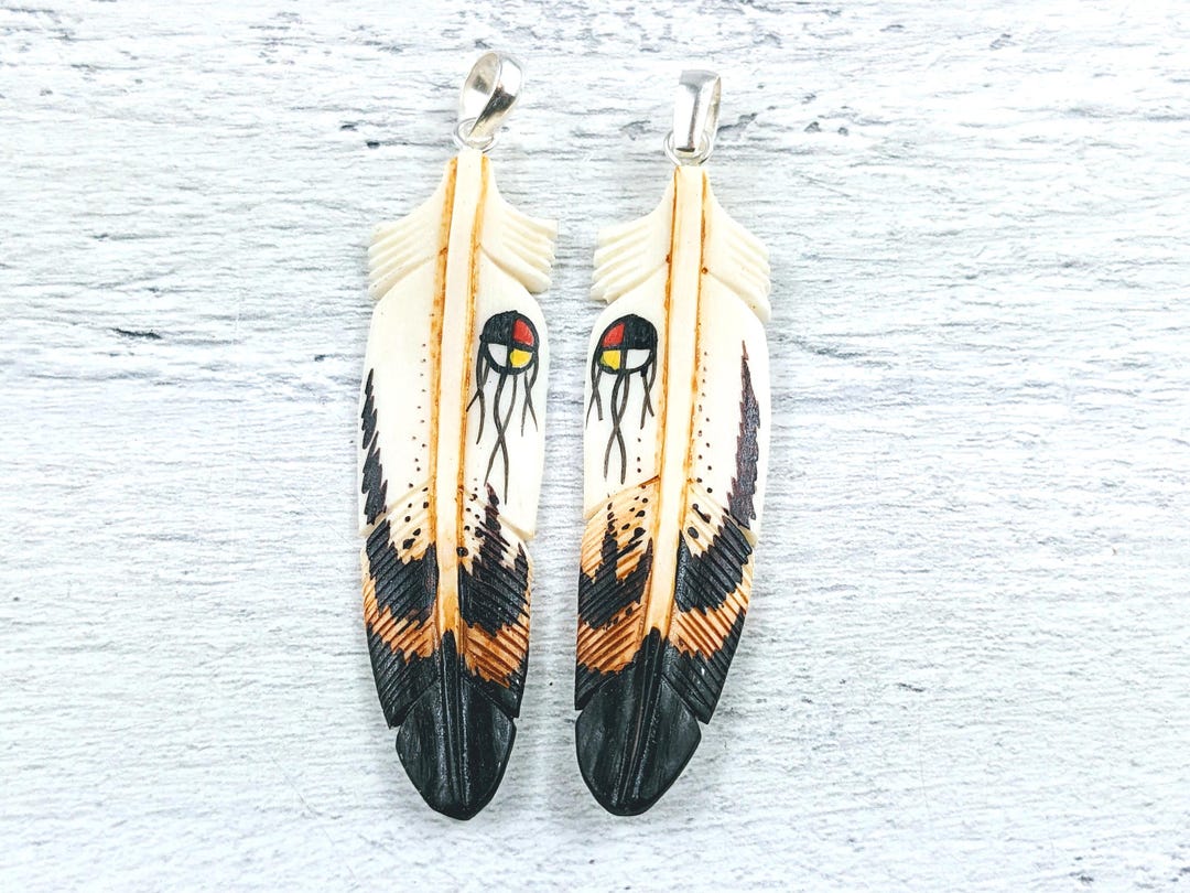 Hand Carved and Painted Water Buffalo Bone Feather Pendants, Dream ...