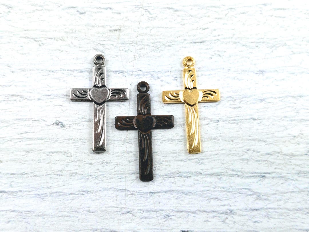2pcs. Small Antique Silver Ox, Matte Gold or Rustic Brown Heart Cross ...