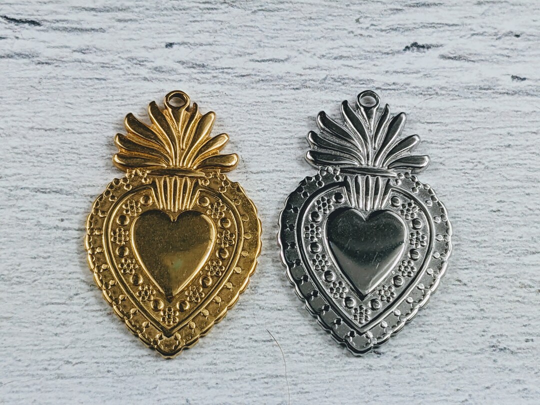 Silver or 18k Gold Plated Stainless Steel Sacred Heart Charms, Milagro ...