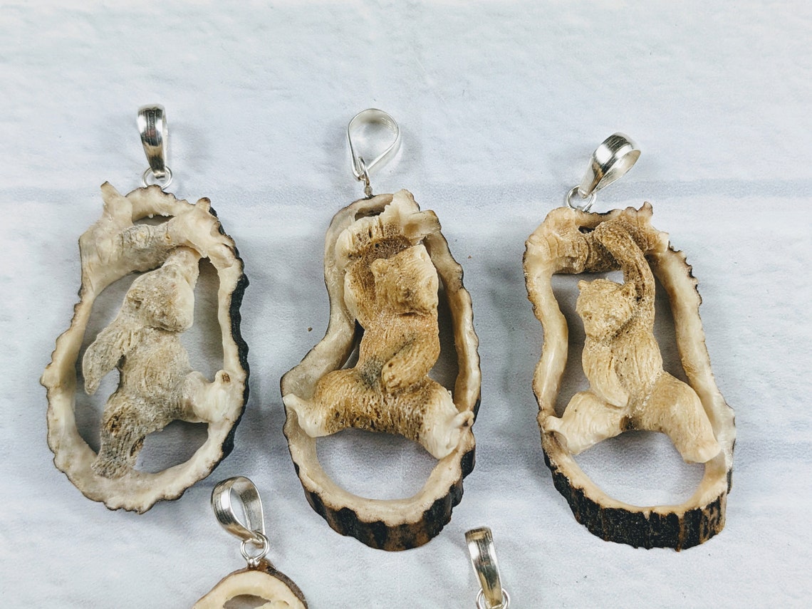 Hand Carved Deer Antler Playful Swinging From Branch Bear - Etsy