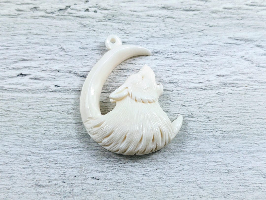 Hand Carved Buffalo Bone Howling at the Moon Wolf Pendant, Animal ...