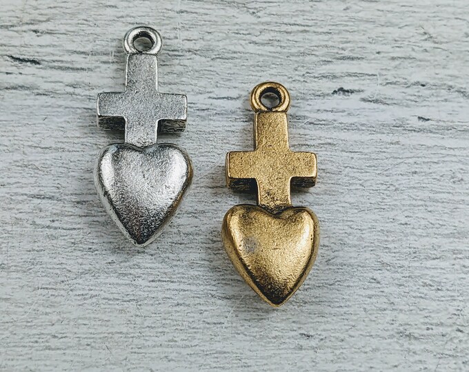 Antique Silver or Antique Gold Metal Casting Heart and Cross Charm ...