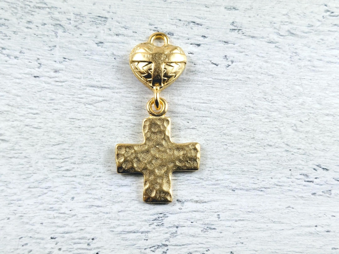Matte Gold Plated Hammered Cross Heart Charm, Dangle, Love, Religious ...