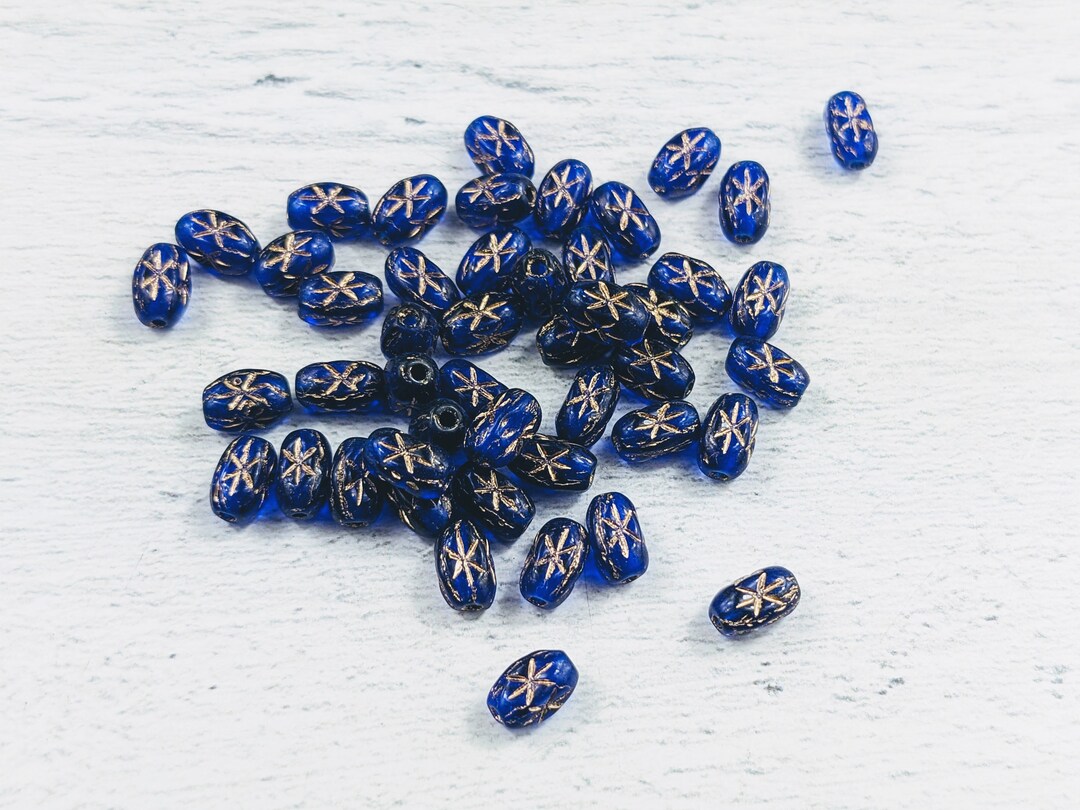 Small Czech Glass Cobalt Blue Etched Gold Star Rice Beads, 6x4mm, 30pcs ...