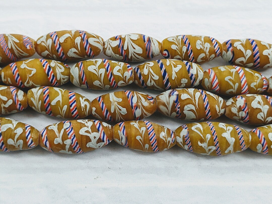 Indonesian Hand Painted Ornate Leaf Java Glass Tube Beads, Striped ...