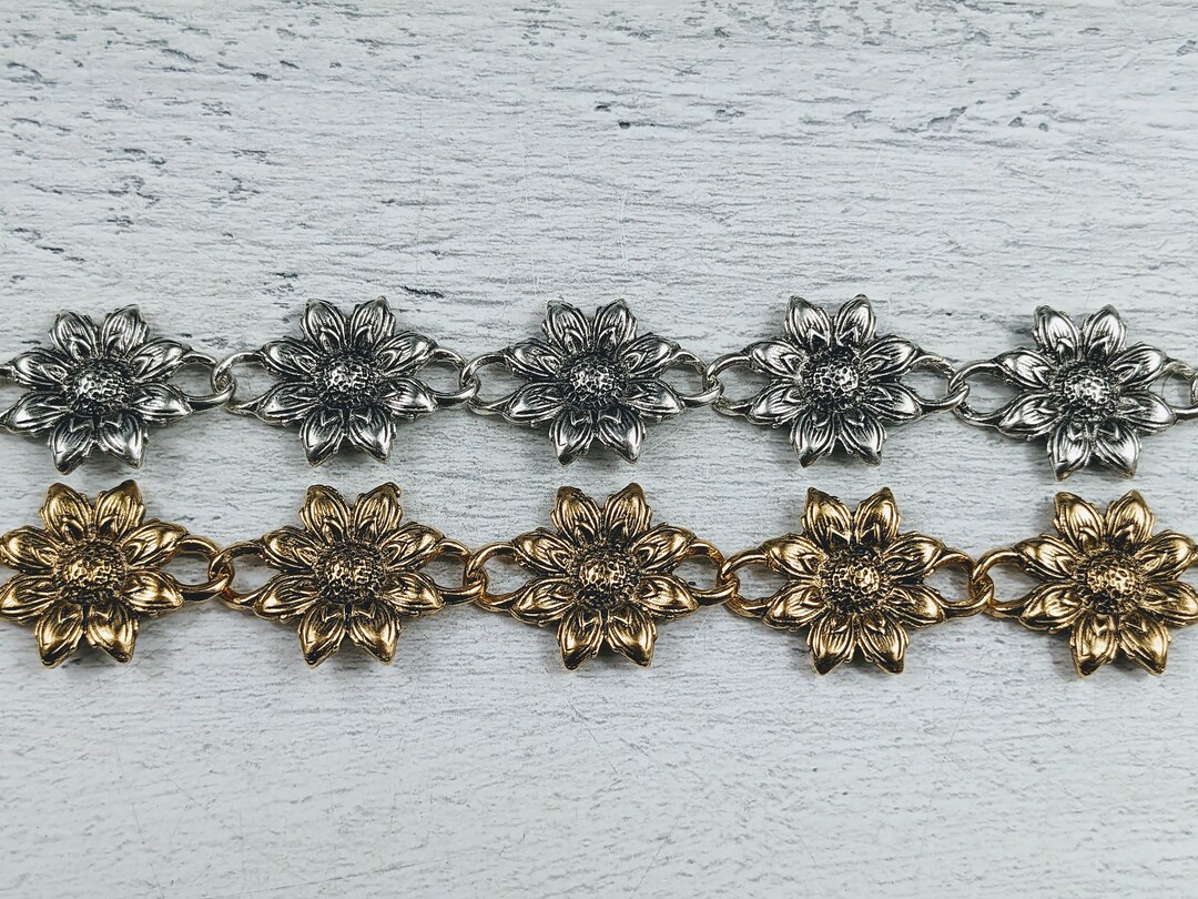 Antique Silver or Antique Gold Hand Casted Flower Chain Links, Bracelet ...