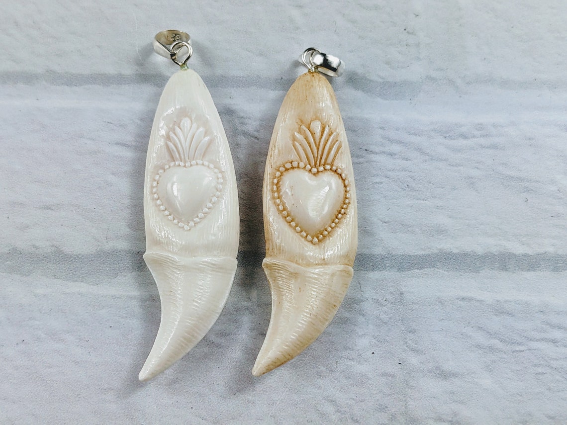 Hand Carved Buffalo Bone Sacred Heart or Lotus Flower Claw Pendant ...