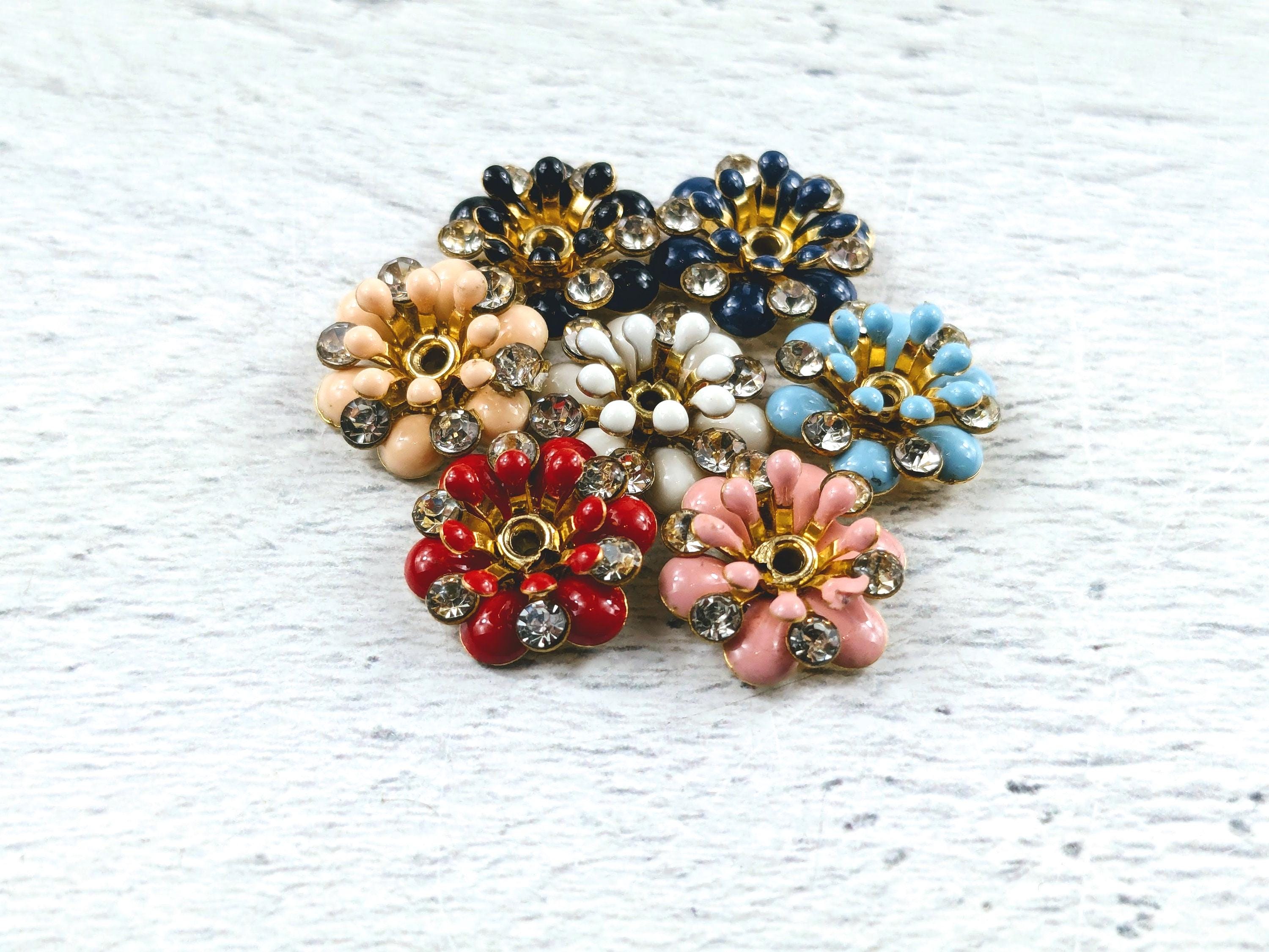 12mm Enamel Flower Bead Caps With Rhinestones, Floral, 5pcs. Gold, Pink ...