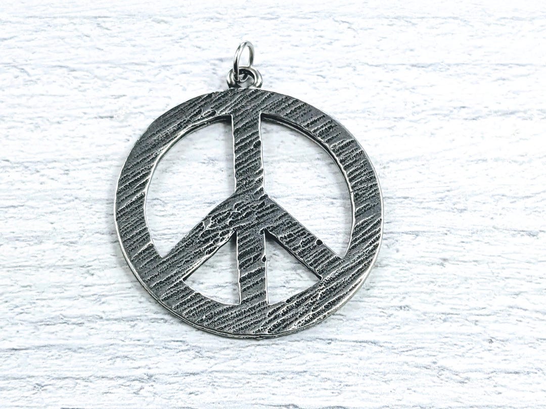 Large Hand Casted Textured Peace Sign Pendant, Antique Silver Pewter ...