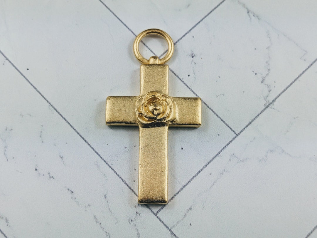 Matte Gold Plated Raised Rose Cross Pendant, 64x32mm, Flower, Spiritual ...