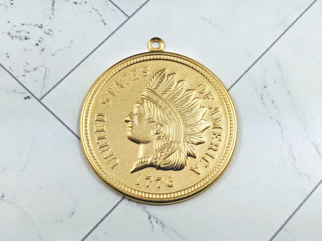 Large Matte Gold Plated Native Replica Coin Pendant, Metal Stamping ...